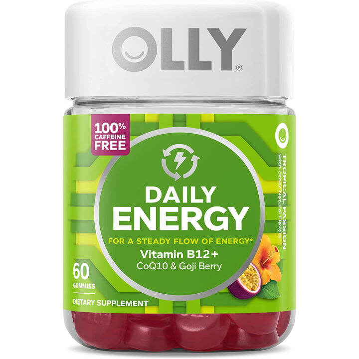 OLLY Daily Energy Gummy, Caffeine Free, Vitamin B12, CoQ10, Goji Berry, Adult Chewable ...