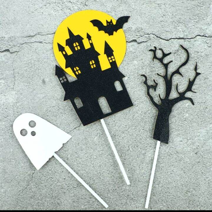 Ins Halloween Theme Castle Tree Ghost Paper Card Cake Topper Plug In