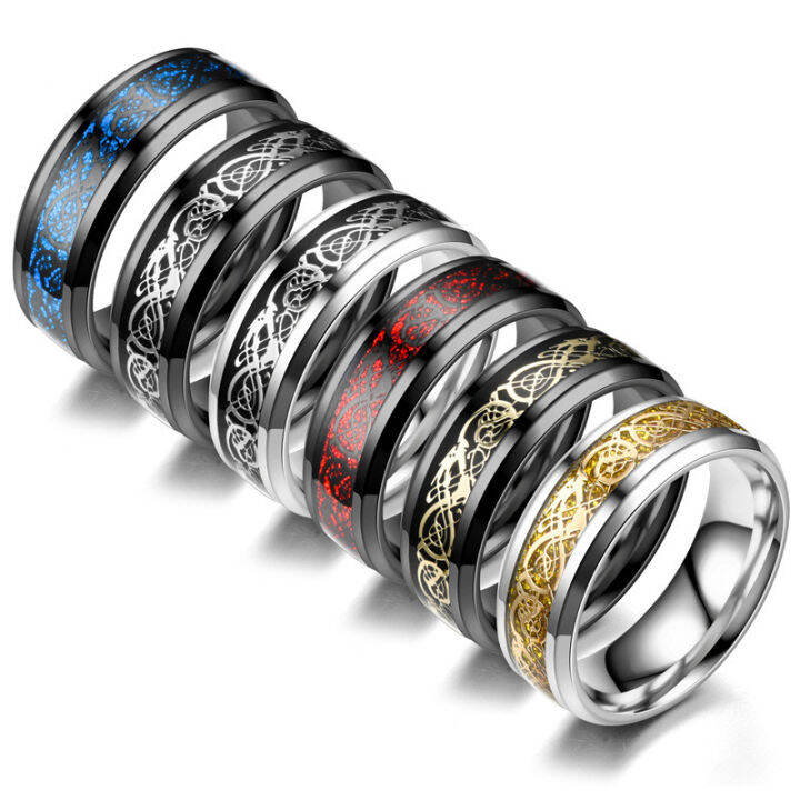 Men Ring Jewelry Red Blue Black Dragon Inlay Comfort Fit Stainless ...