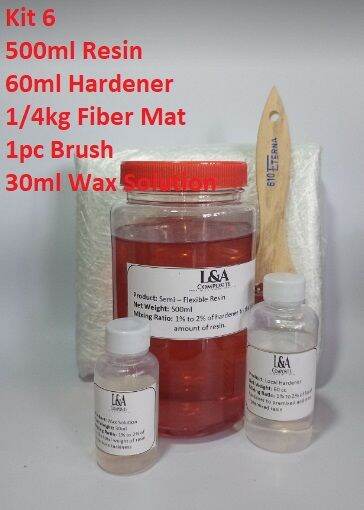 Fiberglass Kit 6 (D6)500ml Resin, 60ml Hardener, 1/4kg Fiber Mat, 1pc Brush with 30ml Wax ...