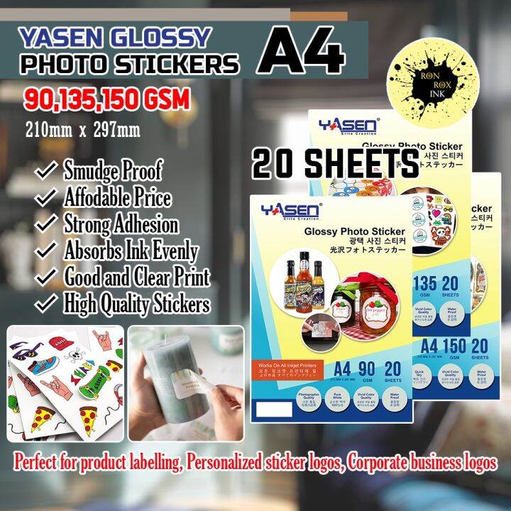 Yasen Inkjet Printable Matte/Glossy Photo Sticker Paper A4 Size (20 ...