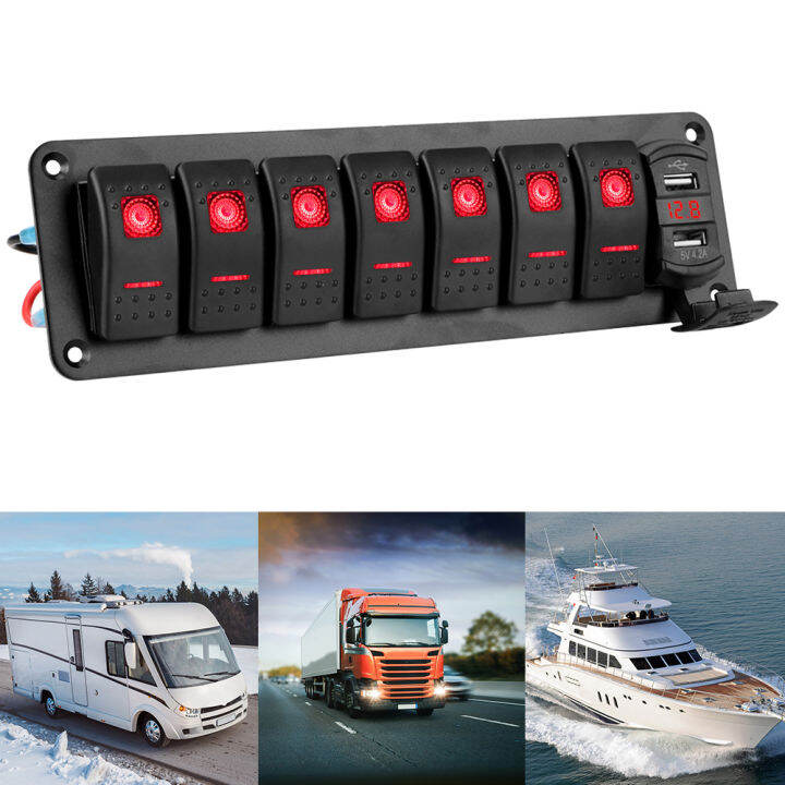 Dual USB Chargers 7 Gang Rocker Switch Panel Car Truck Bus Ship Marine ...