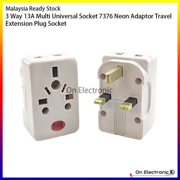 3 Way 13A Multi Universal Socket 7376 Neon Adaptor Travel Extension ...