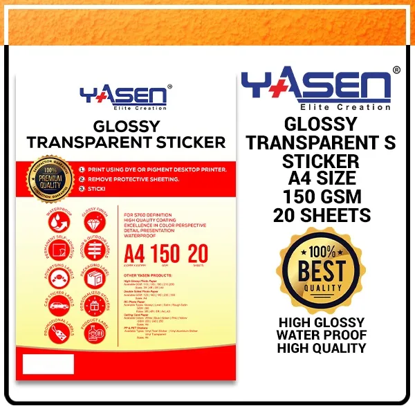 YASEN Transparent Sticker Paper A4 Size 150GSM 20 Sheets Glossy ...