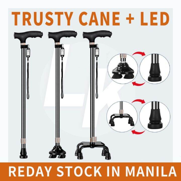 ♥LED Cane Trusty Walking Stick with LED Quad Cane Telescopic Adjustment ...