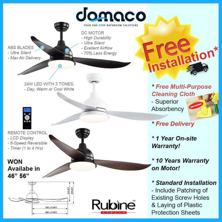 Rubine Won DC Ceiling Fan With 24W 3 Tone Light kit and 6 speed Remote ...