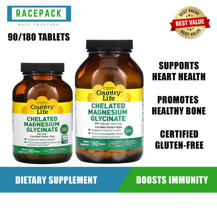 Country Life Chelated Magnesium Glycinate 400mg, 90/180 Tablets ...