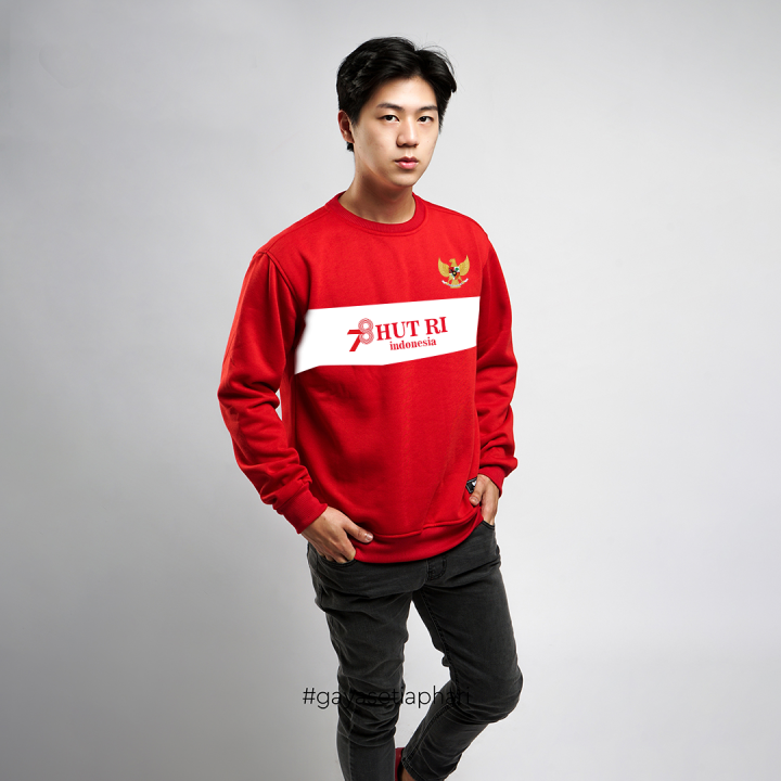 Special Hut RI Sweater Crewneck Combinasi Merah Putih Premium | Lazada ...