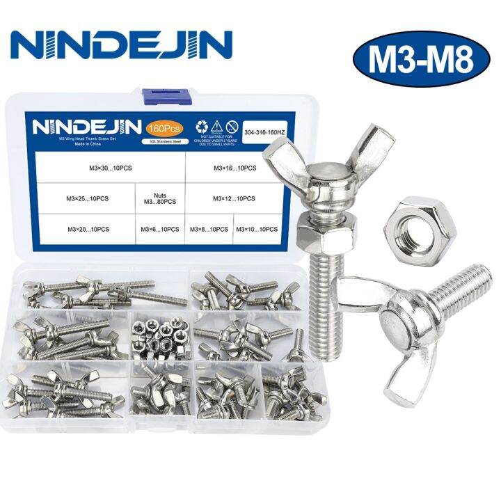 NINDEJIN Wing Bolt Set Butterfly Screws with Nut Stainless Steel M3 M4 M5 M6 M8 Wing-head Thumb ...