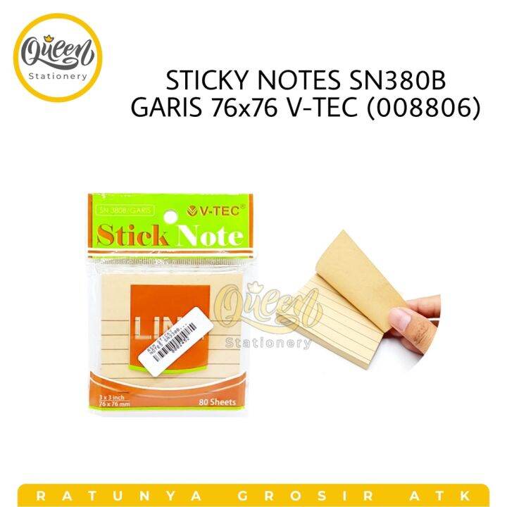 1 PAD (80 LEMBAR) STICKY NOTES SN380B GARIS 76X76 V-TEC / MEMO / STICK ...
