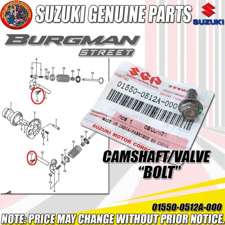 BURGMAN CAMSHAFT/VALVE BOLT (SGP) (Genuine: 01550-0512A-000) | Lazada PH