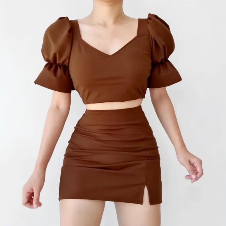 SS LULU Puff Sleeve Tops Coordinate Set Croptop and Skirt Terno wts029 ...