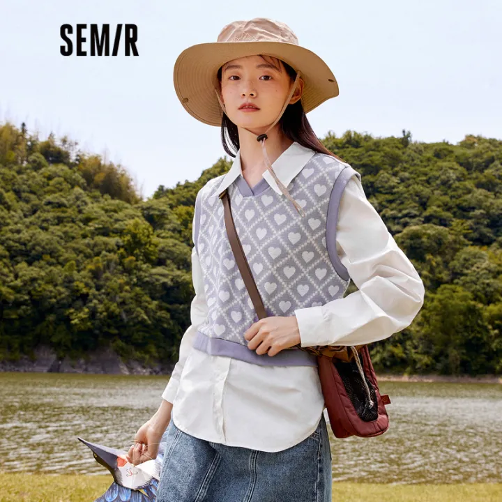 Semir เสื้อแขนยาวผู้หญิงรักเย็บปลอมสองชิ้นสไตล์ย้อนยุค2022ฤดูใบไม้ร่วงใหม่ Jacquard เสื้อ ...