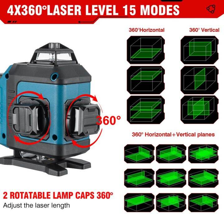 4D 16 Line Laser Level 2x4000mah Battery 360 Horizontal Vertical Cross Light Laser Level Self ...