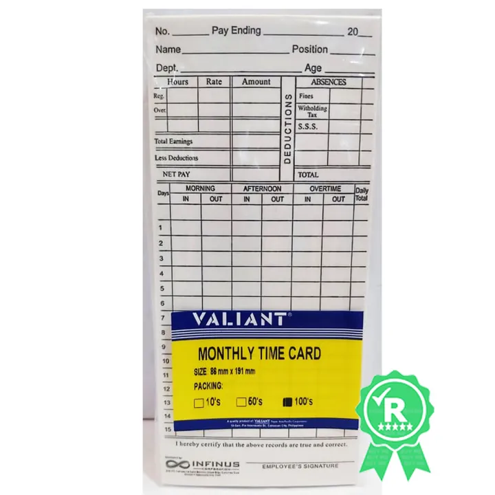 Valiant Monthly Time Card Model M-9000 Daily Time Record 100's by Pack ...
