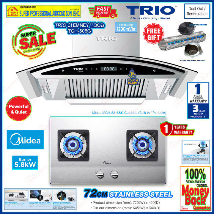 Trio Chimney Hood TCH-505G Curve Cooker Hood / Midea Built-in Hob MGH ...