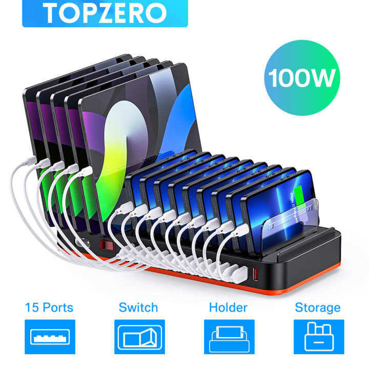 TOPZERO 100W 15 Port Multi USB Charger Station พร้อมขาตั้งอะแดปเตอร์ ...