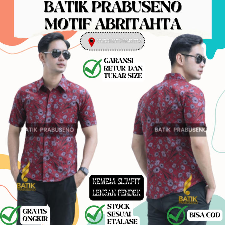 Batik Prabuseno Warna Merah Lengan Pendek Motif Abritahta Kemeja Pria Kualitas Premium Modern ...