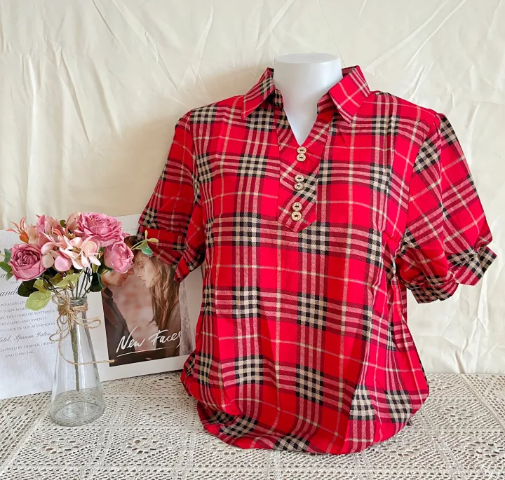 F.S Korean style red plaid lapel spring short-sleeved femininity top ...