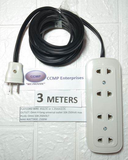 3 meters Heavy Duty Extension Cord wire 4 Gang flat cord #16 | Lazada PH