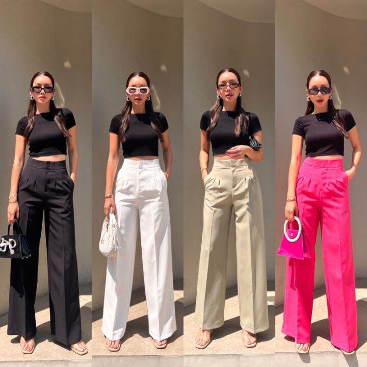 กางเกงขากระบอกตะขอหน้าจีบด้านข้างPROMTHONG | Lazada.co.th