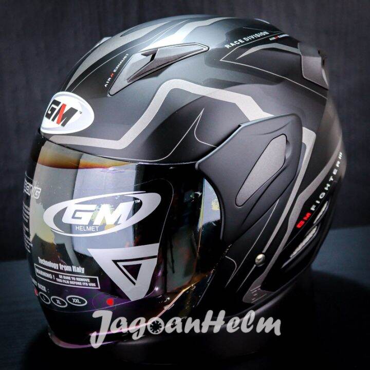 GM HELM FIGHTER GV2 | BLACK SILVER DOFF | HALF FACE | Lazada Indonesia