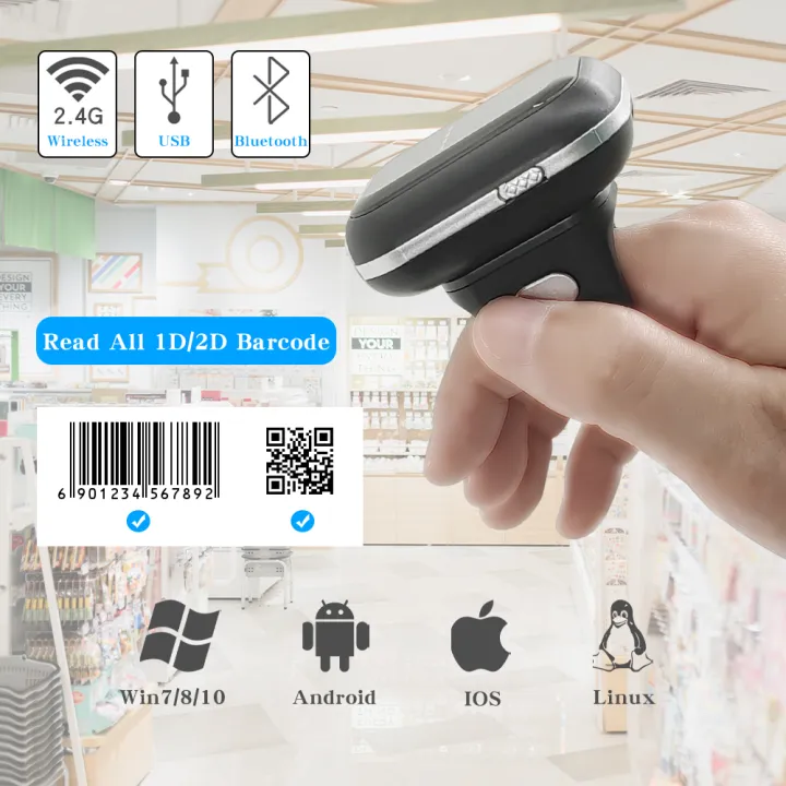 Ring Finger Wearable Mini Wireless Barcode Scanner 2D Bluetooth + 2.4G ...