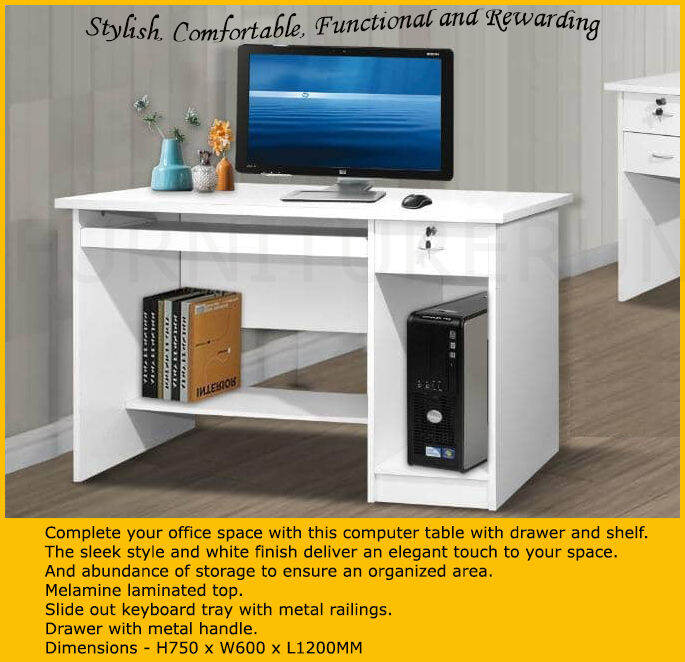 Denco 60x120cm white color computer table/study desk with drawer and ...