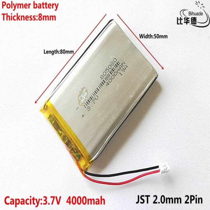 JST 2.0mm 2Pin 3.7V 4000mAh 805080 Lithium Polymer LiPo Rechargeable ...