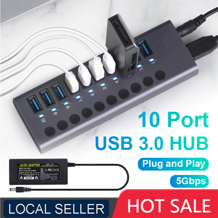 10 Port USB Hub 3.0 5Gbps 12V Independent switch With External Power ...