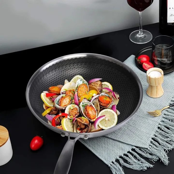 32cm Stainless Steel Nonstick Frying Pan Honeycomb Shallow Skillets Wok ...