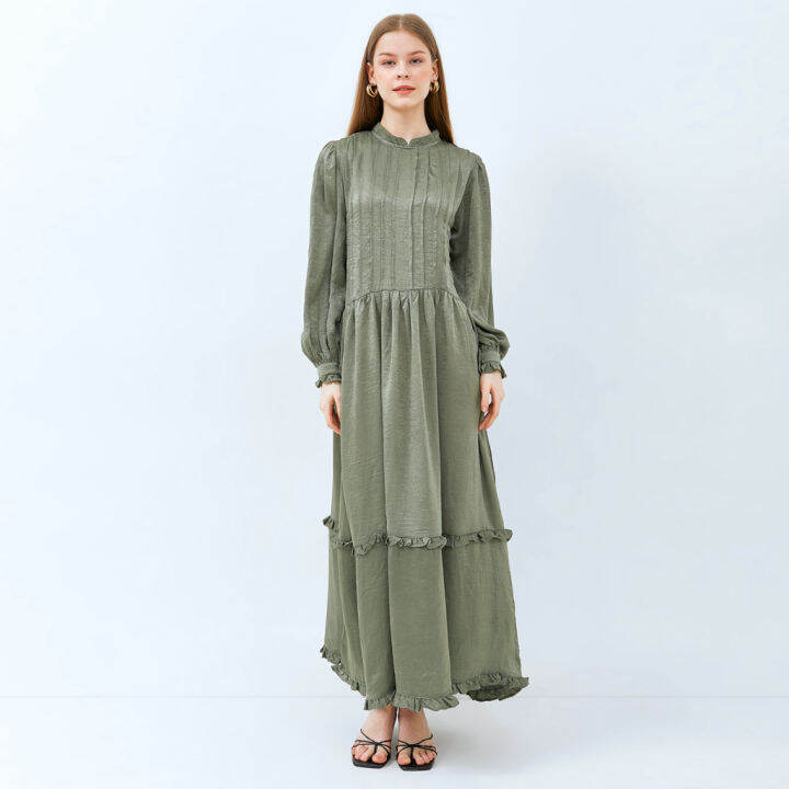 MORPHIDAE - AYA Long Dress Lengan Panjang Warna Olive | Lazada Indonesia
