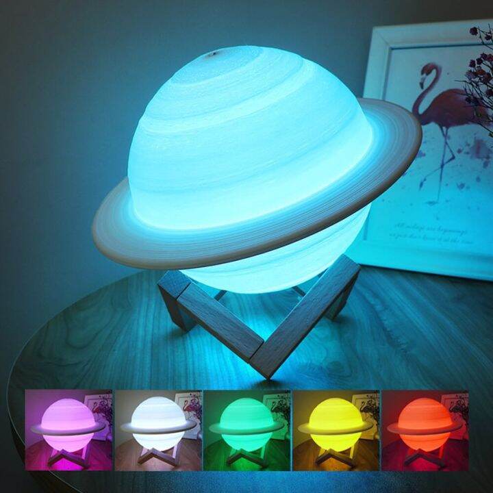 14CM 3D Print Saturn Planet Light Night Lamp Rechargeable 7 Colors Tap ...