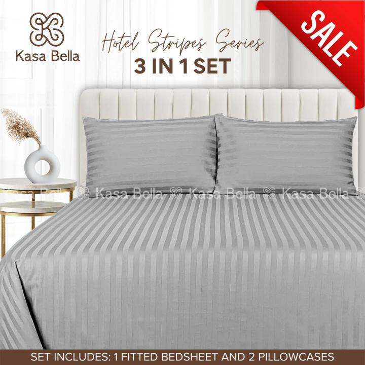 Kasa Bella – Plain Gray / Grey 3 in1 Stripe Bedsheet and Pillowcase Set ...