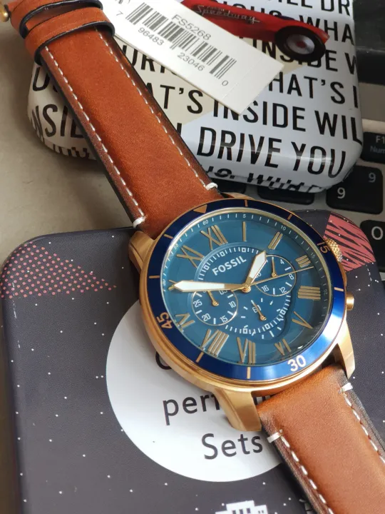 Original Fossil Men Grant Sport Blue Dial Chronograph Leather Watch ...