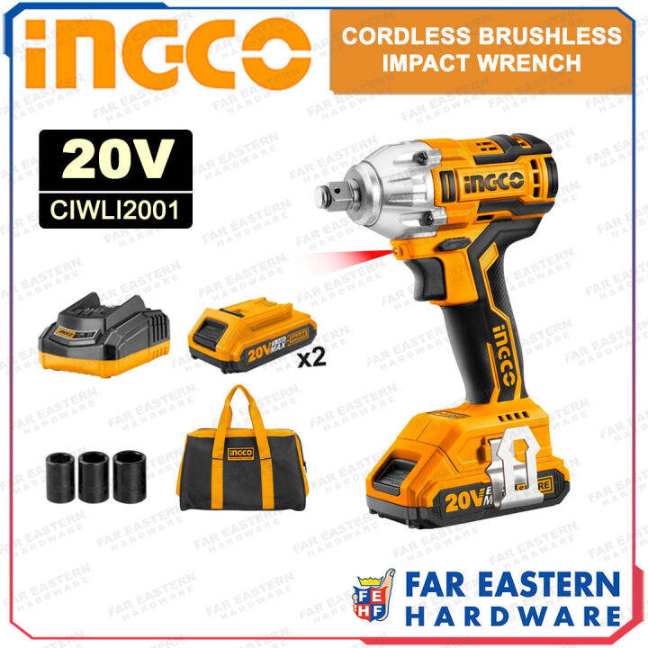 INGCO Cordless Brushless Impact Wrench w/ 2x Battery & Charger 20V ...