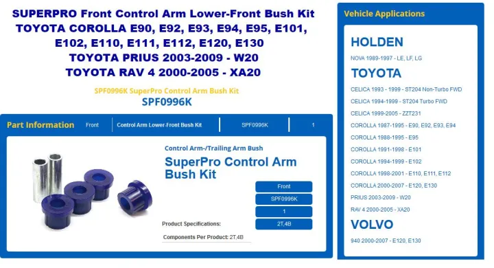 SUPERPRO Front Control Arm Lower-Inner Front Bush Kit SPF0996K -Toyota ...