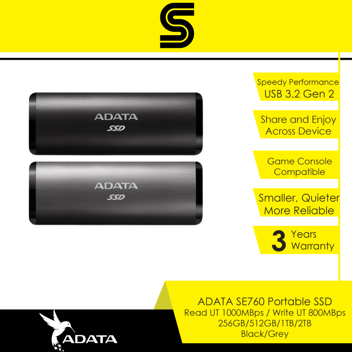 ADATA SE760 Portable SSD (256GB, 512GB, 1TB, 2TB) (Black, Grey) | Lazada
