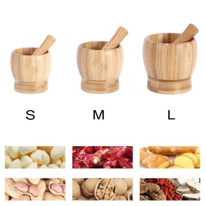 Manual Garlic Grinder Bamboo Mortar Pestle Set Herb Crush Pedestal ...