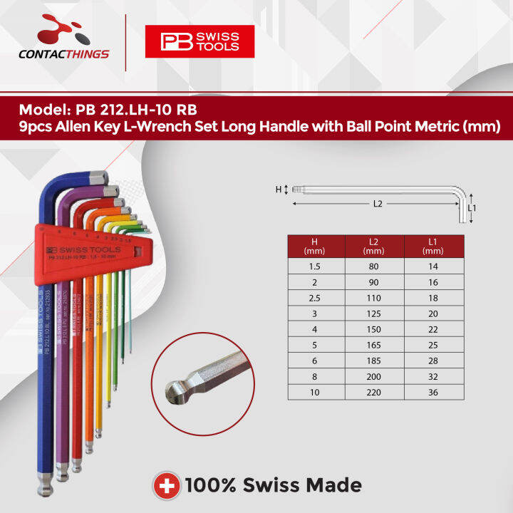 PB SWISS TOOLS 9pcs Hexagon Allen Key L-Wrench Set, Long Handle (mm) (Rainbow), PB 212.LH-10 RB ...