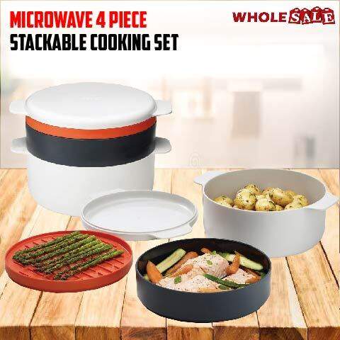 M-Cuisine Microwave 4-Piece Stackable Cooking Set Pot Steamer Griddle | Lazada