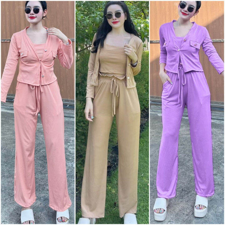 [สินค้าพร้อมส่ง] ชุดเซต3 ชิ้นผ้าร่อง เสื้อคลุม+สายเดี่ยว+กางเกง A1341 ...