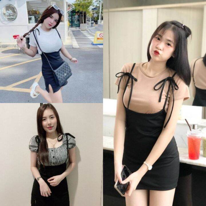 🌈Spinny House🌈 Set ชุดเซต 2ชิ้น เอี๊ยม + เสื้อผ้าไหมพรมร่องเล็ก+กระโปรง พื้นดำมีสายผูกผ้ายืด ♥️ ...