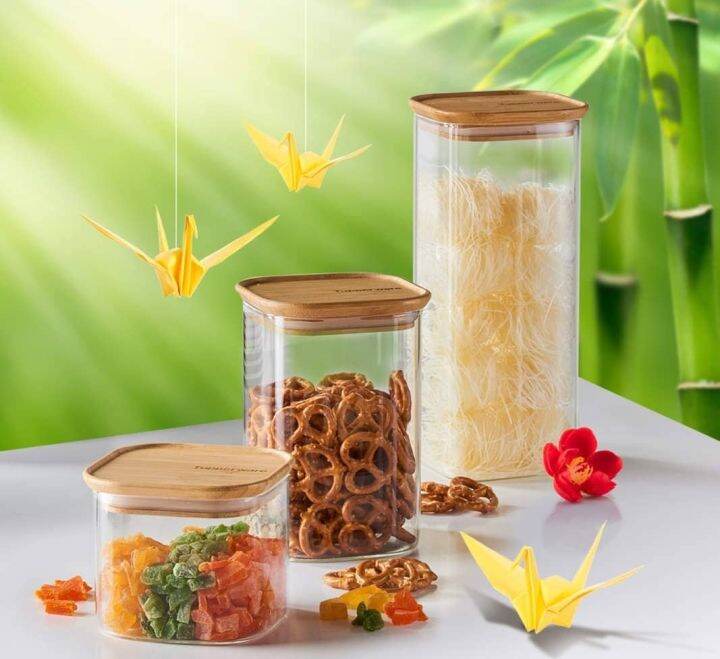 TUPPERWARE Glass & Bamboo Storage Jar (550ml, 1.1L, 1.9L) Food Storage ...