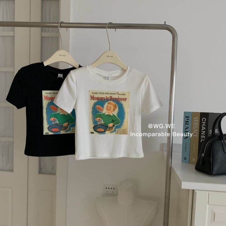 WGWE เสื้อยืดแขนสั้นทรงสลิมสไตล์อเมริกันย้อนยุคหญิง | Lazada.co.th