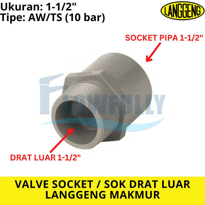 VALVE SOCKET TS 1 1/2 INCH PVC LANGGENG SOCK DRAT LUAR 1,5 DIM AW ...