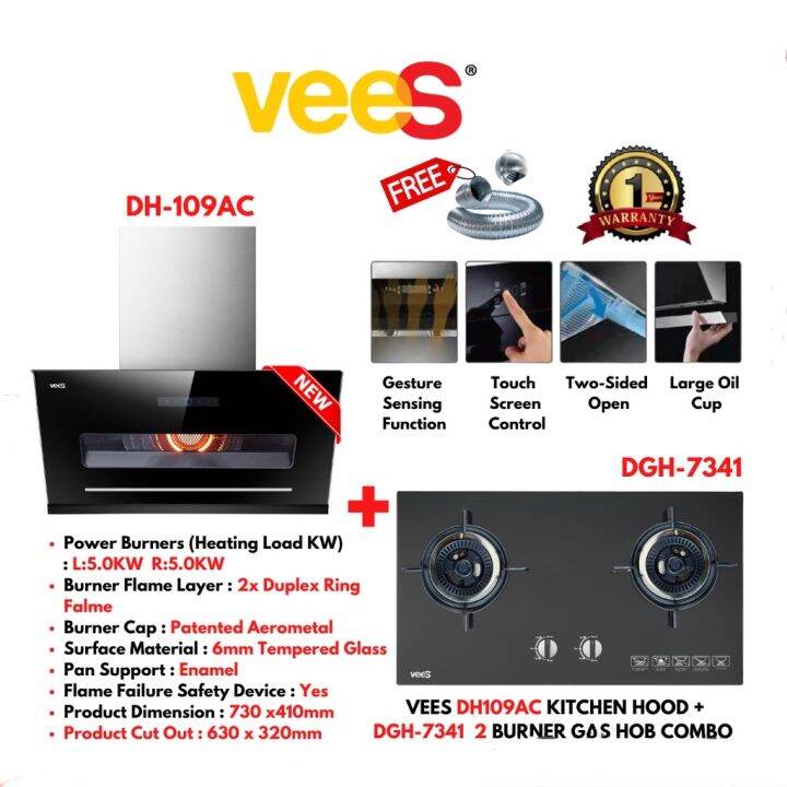 DH109AC Cooker Hood Package With Vees DGH-7341 Gas Hob 2 Burner Tempered Glass | Lazada