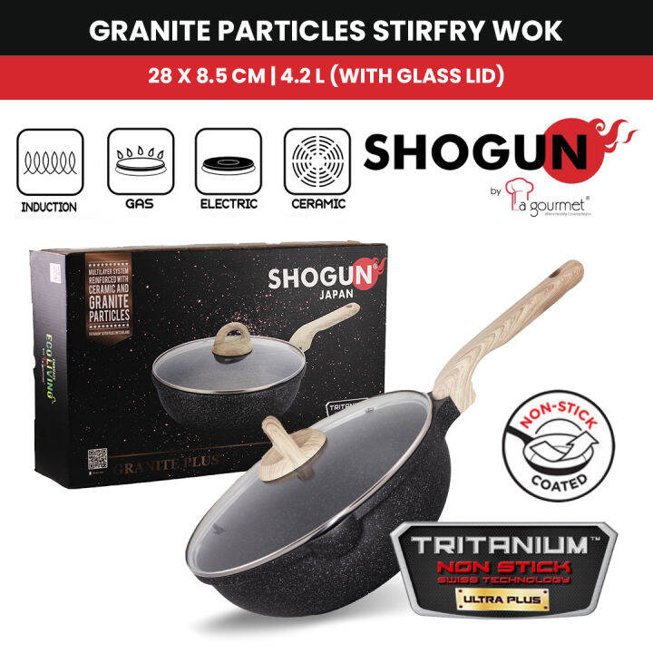 Shogun Granite Cookware Plus 28 x 8.5cm Nonstick Stirfry Pan with Glass ...