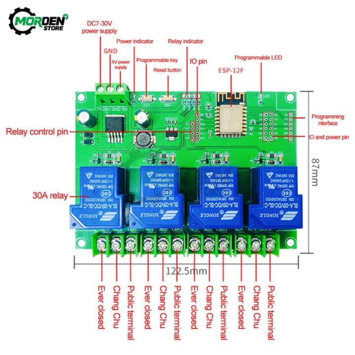 DC7-28V/5V 30A ESP8266 WIFI Four-Way Relay Module ESP-12F Board 4M Byte Flash I/O UART For ...