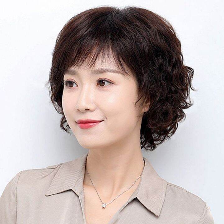 Wig woman short hair realistic mom wig short curly hair oblique bangs ...